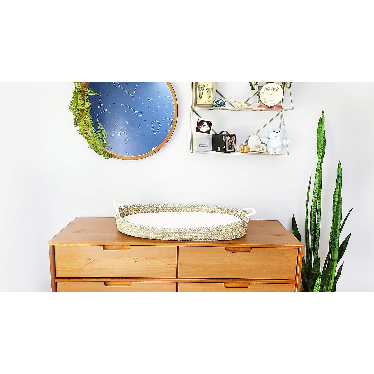 Seagrass Baby Changing Basket, Handmade with Waterproof Cover to Minimize Messes and Extra Thick Padding - Extra Newborn Birth Announcement Wood Disc