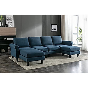 Olela U Shaped Modular Sectional Sofa for Living Room, Oversized Deep Seat Sofa Modern Linen Upholstered Sectional Couch with Chaise Lounge and Comfy Backrest (Navy)