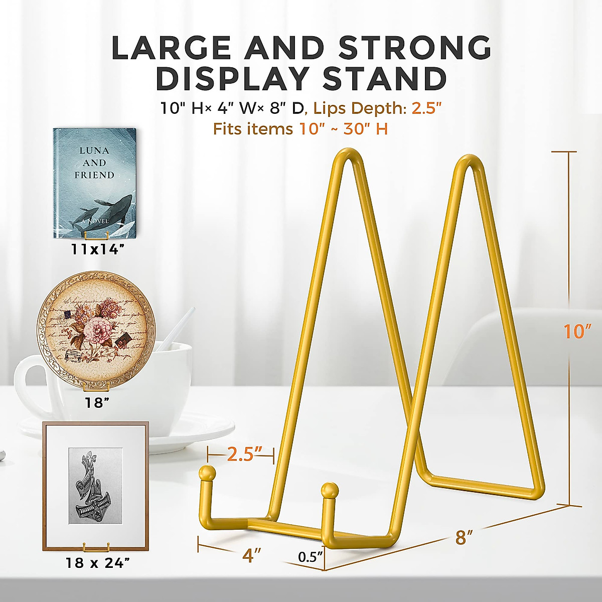 TR-LIFE 10 Inch Large Plate Stands/Holder for Display - Metal Picture Frame Holder Stand + Small Easels for Decorative Plate, Platter, Book, Plaques, Photo, Tabletop Art (Gold 2 Pack)