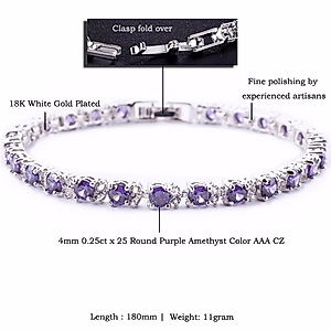 RIZILIA Round Simulated Purple Amethyst and White Cubic Zirconia 18K White gold Plated Tennis Bracelet, 7"