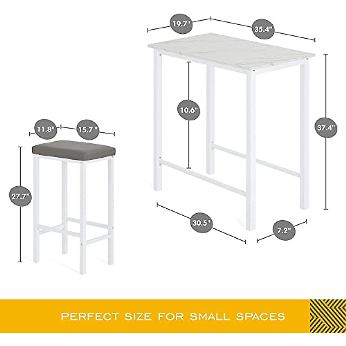 Bar Table Set for 2, White Faux Marbled 3-Piece Counter Height Breakfast Table with 2 Cushioned Stools, Small Dining Kitchen Table Set for Apartment