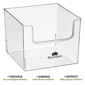 mDesign Deep Plastic Home Storage Organizer Bin - Container for Nursery, Kids Bedroom, Toy or Playroom - Open Front Design - 4 Bins + 24 Labels - Clear