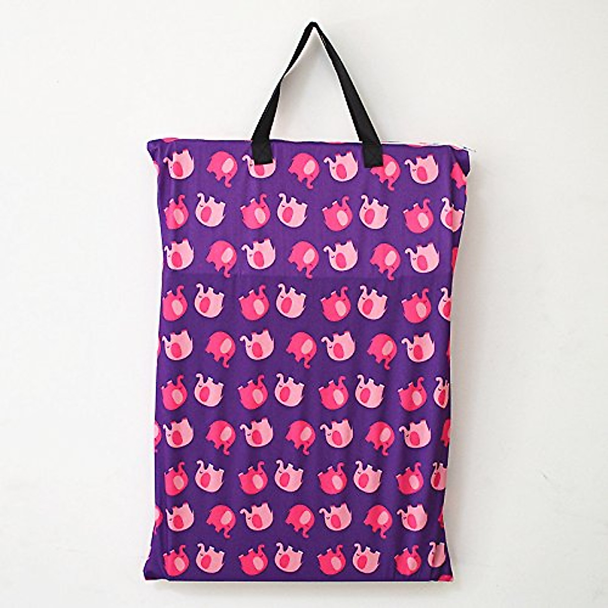 Large Hanging Wet/Dry Cloth Diaper Pail Bag for Reusable Diapers or Laundry (Purple Elephant)