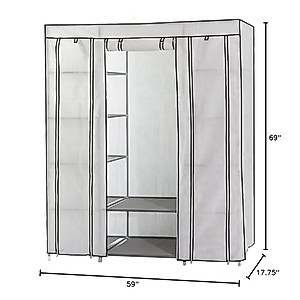 Dream Palace Portable White Fabric Wardrobe, Shelves, Covered Closet Rack, Sock Organizer, Hanger 59 inches