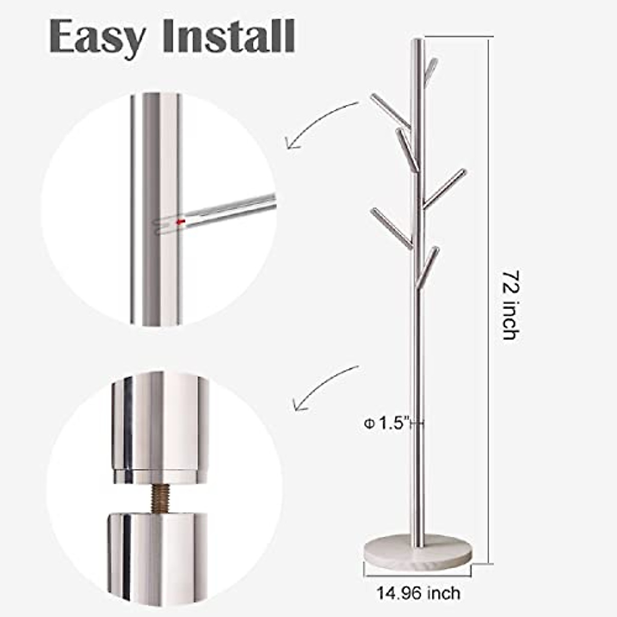 Metal Coat Rack Stand Golden Satin Steel Finish Stable Marble Base, High-Grade with Hooks Metal Tree Hat & Coat Hanger Floor Free Standing Wall Bedroom Easy Assembly (Golden)