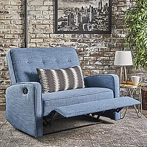 GDFStudio Christopher Knight Home Calliope Buttoned Fabric Reclining Loveseat, Muted Blue / Black