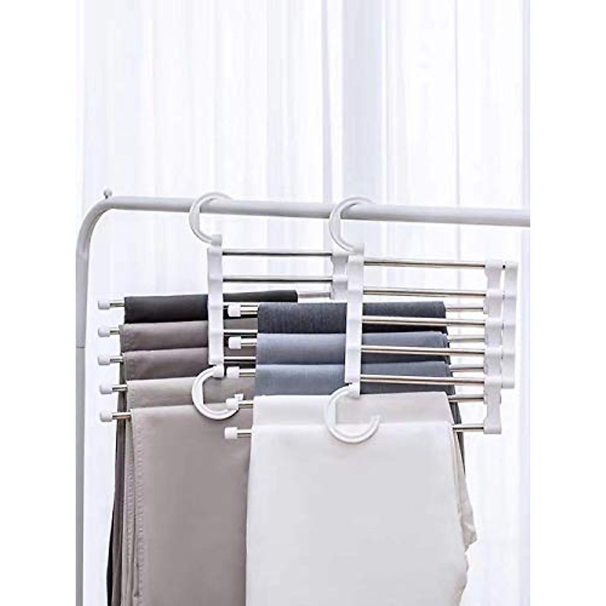 HEEYO Space-Saving Five-in-one Pants Rack Non-Slip Pants Storage Bag for Pants, Jeans, Scarves, Clothing (White)