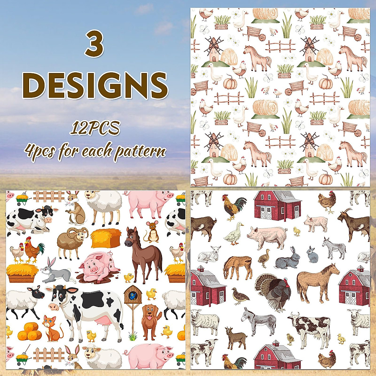 Bolsome 12 Sheets Red Barn Farm Animal Wrapping Paper Barnyard Gift Wrap Folded Wrapping Paper with Cow, Horse, Sheep, Goat, Pig, Duck, Chicken Pattern(20 inch x 28 inch sheet)