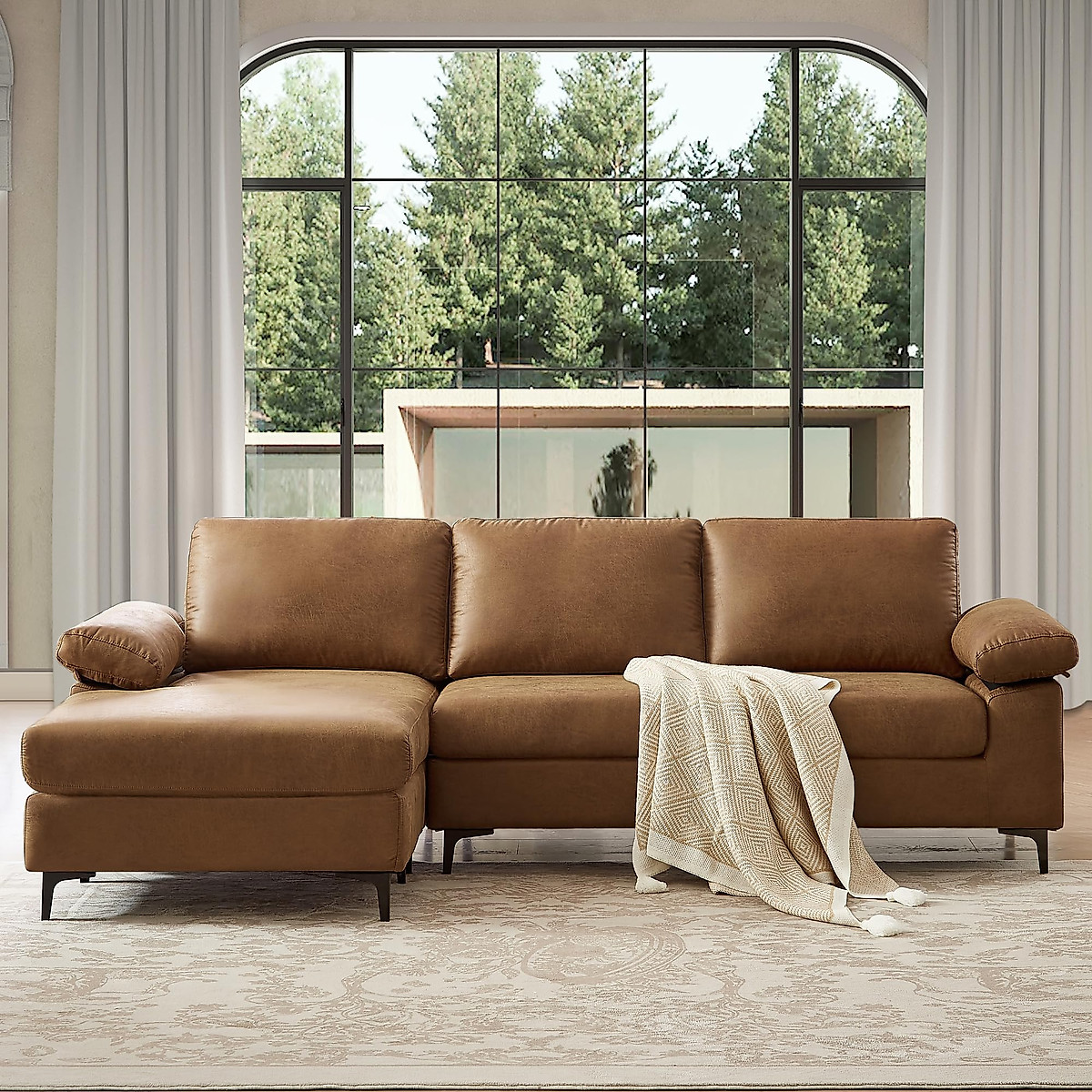 100.8" Sectional Sofa,Faux Leather Couch with Reversible Chaise,Mid-Century L Shaped Sofa Couch for Living Room, Apartment,Office (Brown, Loveseat)