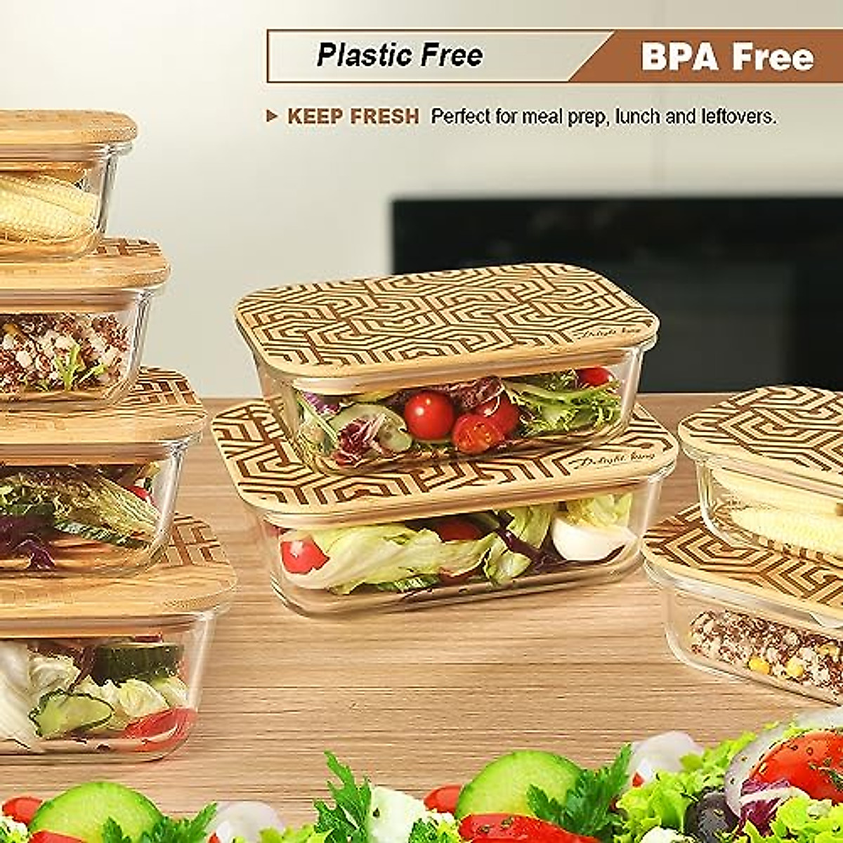 Delight King Glass Containers with Bamboo Lids, Set of 4 Glass Food Storage Containers with Wooden Lids, Non Toxic, Non Plastic, Fridge and Microwave Safe, Eco Friendly, Leaf Printed Wood Lid Design