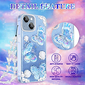 Goocrux (4in1 Case for Apple iPhone 13 Mini Butterfly Glitter Handmade Sequin Sparkle Pretty for Women Girls Clear Design Crystal Sparkly Cute Girly Phone Cases+Chain+Camera Cover+Screen Protector