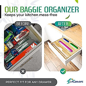 Premium Plastic Wrap Dispenser with Cutter and Ziplock Bag organizer, Bamboo Foil and Plastic Wrap Organizer for Kitchen Drawer, Ziplock Bag Storage Organizer for Gallon,Quart,Sandwich,Snack