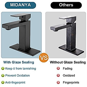 Midanya Matte Black Bathroom Sink Faucet 1 Hole Single Handle Deck Mount Lavatory Mixer Tap Include Pop Up Drain and Cover Plate One Lever Stainless Steel SUS304 Commercial