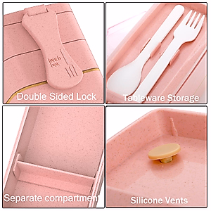 Yesland 3 Packs Bento Box, Japanese Lunch Box with Divider, Wheat Straw 3-In-1 Compartment Stackable Lunch Containers Meal Prep Containers for Kids and Adults (Green/Pink/Beige)