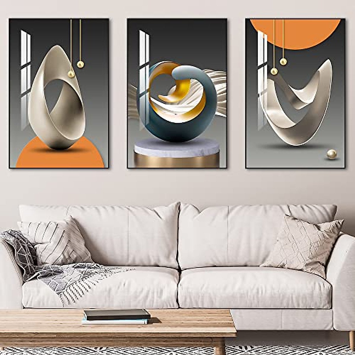 MPLONG Wall Art, Bright Style Framed Wall Art, Abstract Modern Art Shape Pattern White Blue Yellow Grey Wall Art Artfully Matching Living Room Bedroom Office Wall Decor - 24"x 32"x 3 Panels