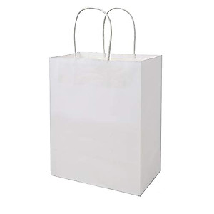 bagmad 50 Pack 8x4.75x10 inch Medium White Kraft Paper Bags with Handles Bulk, Gift Bags, Craft Grocery Shopping Retail Birthday Party Favors Wedding Sacks Restaurant Takeout, Business (50Pcs)