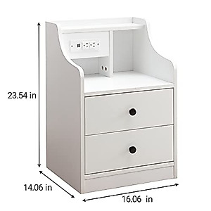 Royal Wood RUIENHOME Nightstand with Charging Station 2 Drawers, Sofa End Table Side Table with USB Ports and Outlet, Bedside Table Bedroom Nightstand, Wood Table with Storage for Bedroom, White