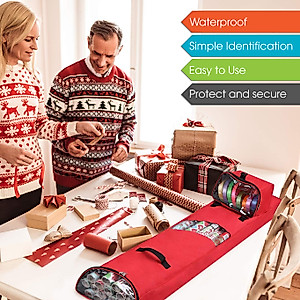 Primode Long Wrapping Paper Storage Bag Hanging | Heavy Duty Christmas Gift Wrap Storage Organizer with Detachable Accessory Tote Durable 600D Oxford (2PC Gift Wrap Case Set) 48"x 10"x 5" (Red)