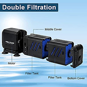 HUJIKF Submersible Aquarium Filter, 12W Fish Tank Filter 4-in-1 Diving Double Layer Filter Adjustable Oxygen Fountain Pump Internal Filter Used for Underwater Fish Tank & Aquarium, black