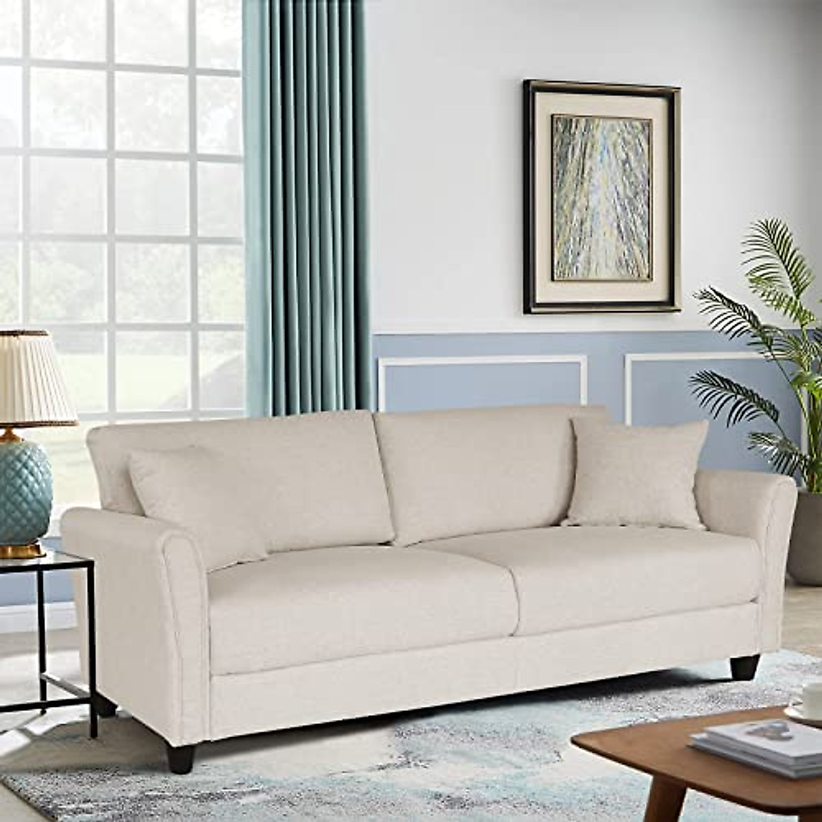 mikibama Linen Fabric Sofa 85 Inches Mid-Century Modern Couch 3 Seater Sofa with 2 Throw Pillows Upholstered Sofa with Rolled Armrest for Living Room, Apartment, Bedroom (Beige)