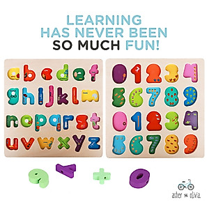 Wooden Alphabet Puzzle & Number Puzzle and Flash Cards Set - Includes Box, Lacing Beads and Threads