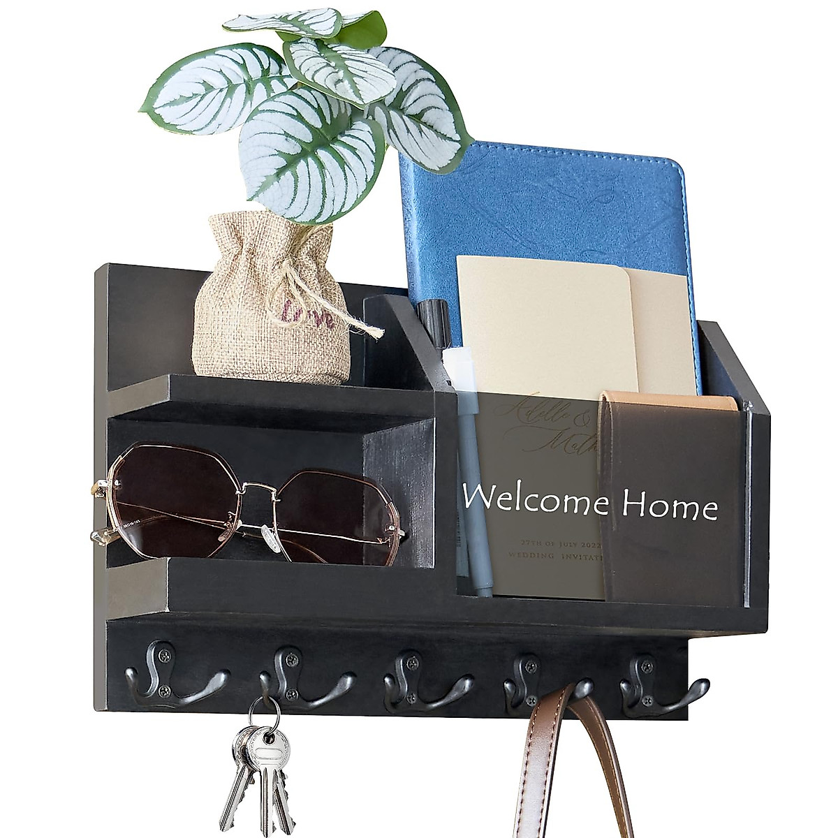 Hausanlee Key Holder Wall Mount,Farmhouse Key and Mail Holder for Wall with 5 Double Hooks and Acrylic Chalkboard,Wooden Hanging Key Rack for Kitchen and Entryway Décor Letter Dog Leash