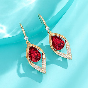 Austrian Crystal Teardrop Hollow Leaf Drop Dangle Earrings for Women 14K Rose Gold Plated Hypoallergenic Jewelry (Red)