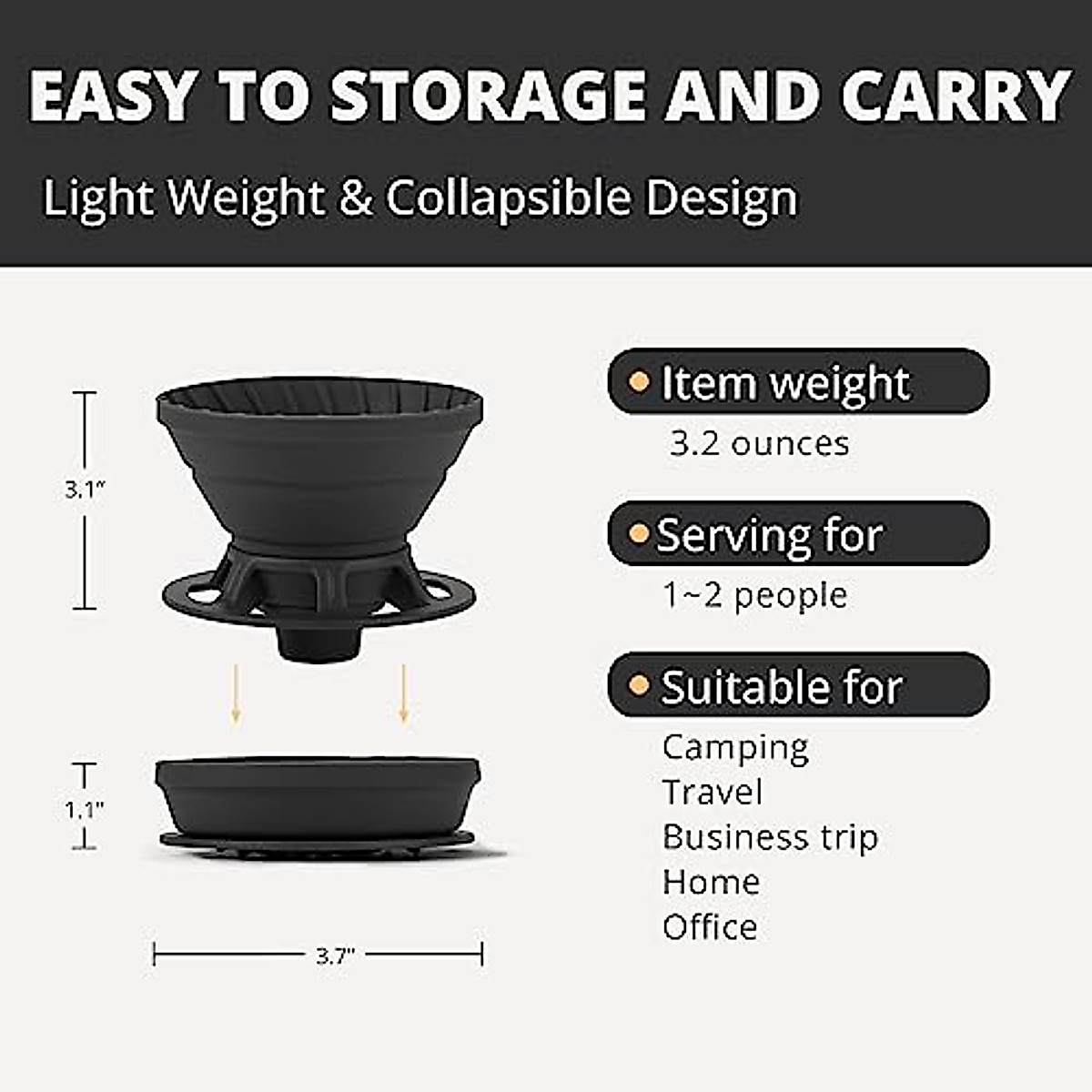 VANDROOP Collapsible Coffee Dripper, Silicone Reusable Pour Over Coffee Maker, Pour Over Coffee Dripper for Camping, Business Trip, Home＆Office, Single Clever Coffee Dripper (Black, 1-2 Cup)