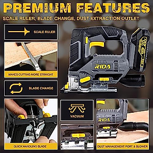 RIDA Cordless Jig Saw, 20V Jigsaw 0-2700 SPM Adjustable Speed, ±45° Bevel Cutting with LED Light, 2.0Ah Battery & 1 Hour Fast Charger, 4Pcs Blades for Woodworking New Year presents