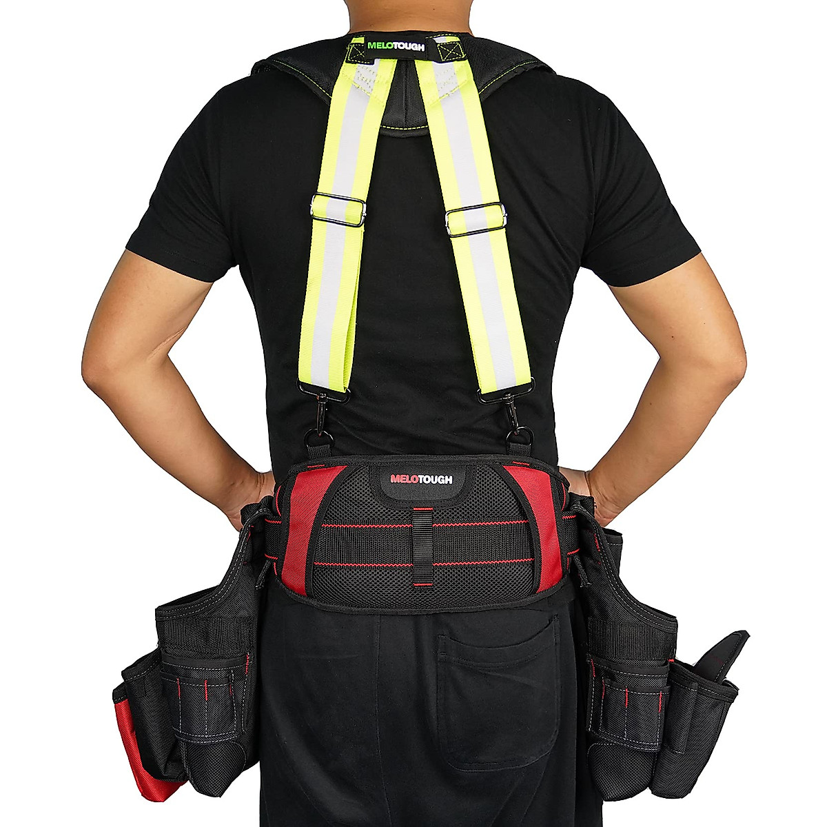 MELOTOUGH Reflective Safety Suspenders Tool Belt Suspenders Construction Work Suspenders with detachable phone holder comfortable foam shoulder padder (Lime)