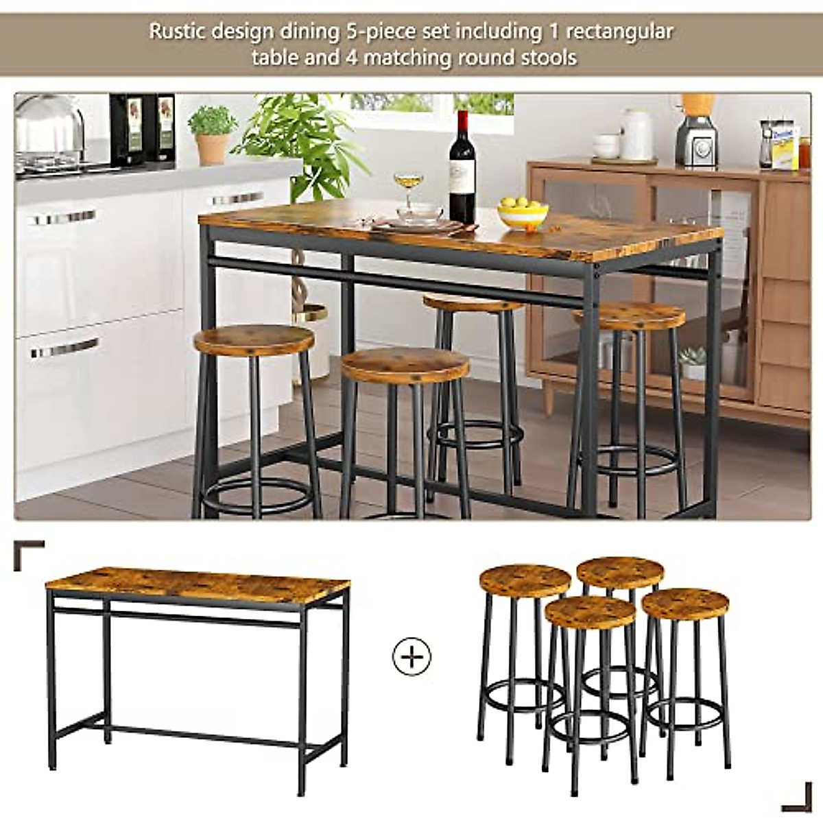 tantohom Dining Table Set for 4, Metal Frame Modern Wood Bar Table and Chairs Set, Kitchen Table and Chairs for 11 for Space Saving