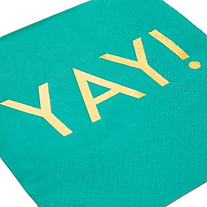 BLUE PANDA 50 Pack Teal Paper Napkins with Gold Foil YAY for Party Supplies (3-Ply, 5 x 5 Inches)