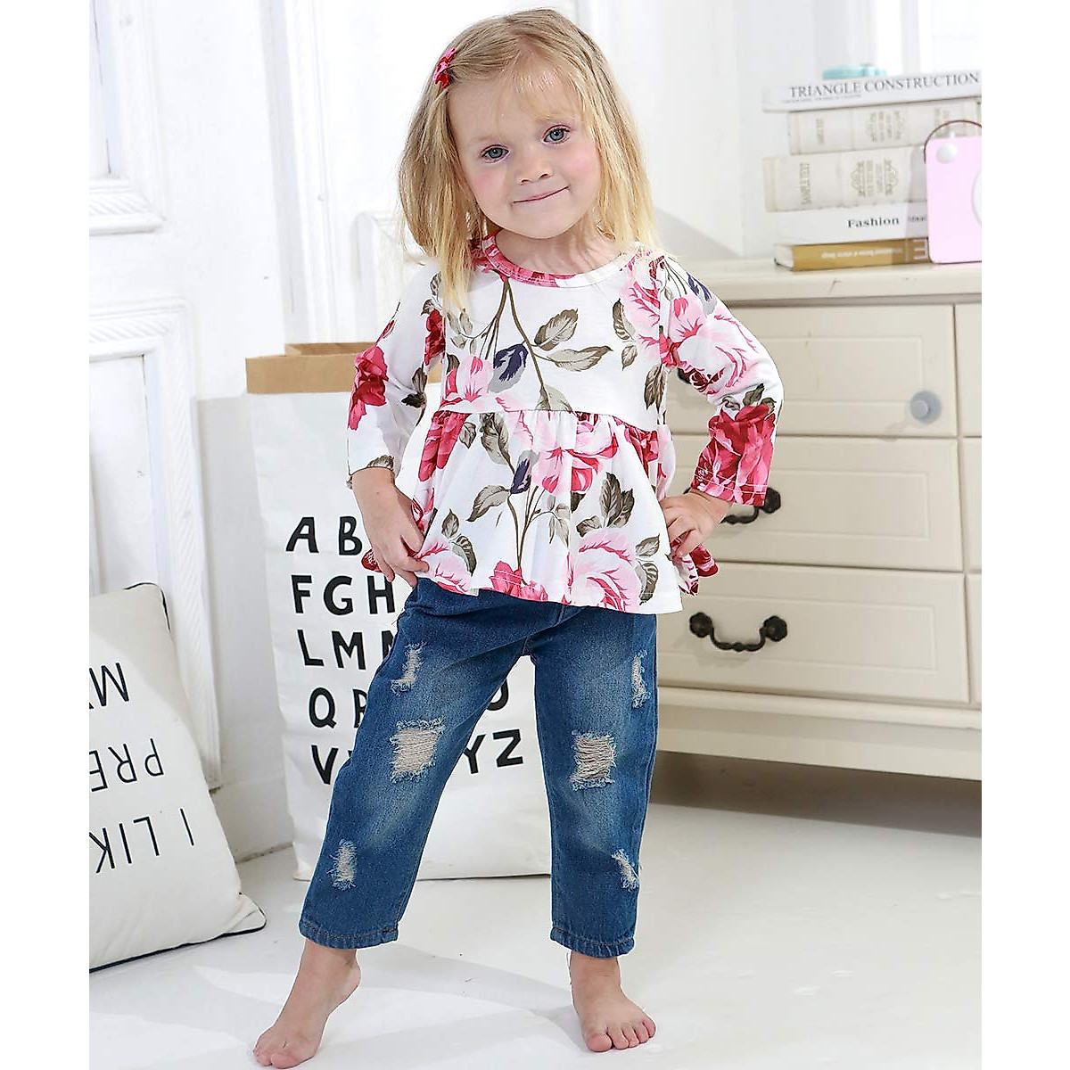 CARETOO Baby Girl Clothes Floral Print Long Sleeve Crew Neck Ruffle Top Fashion Ripped Jeans Fall Winter Toddler Girls Outfits