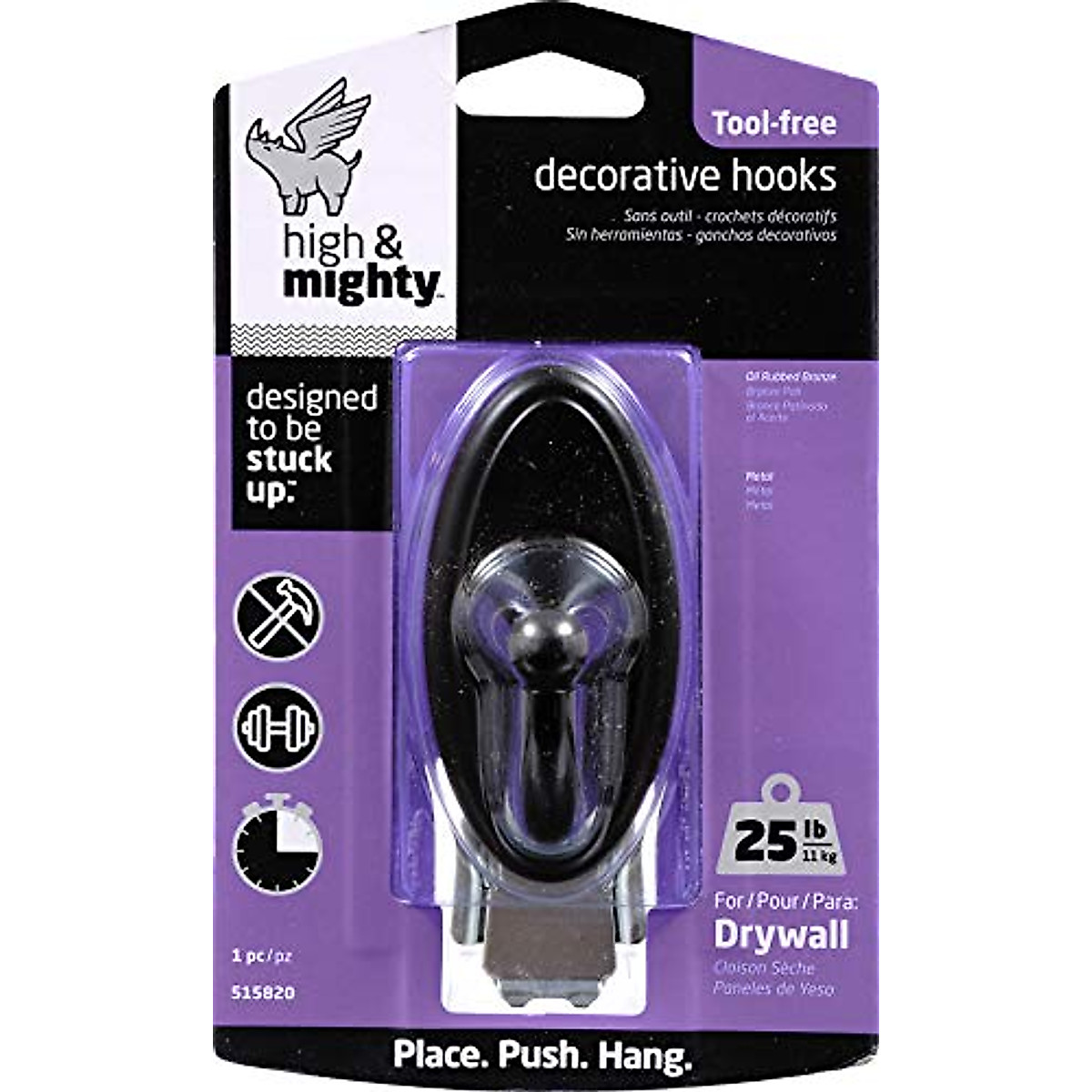 HIGH & MIGHTY 515820 Decorative Metal Hook, Easy Tool-Free Dry Wall Installation, Oval, Holds up to 25lb, Bronze