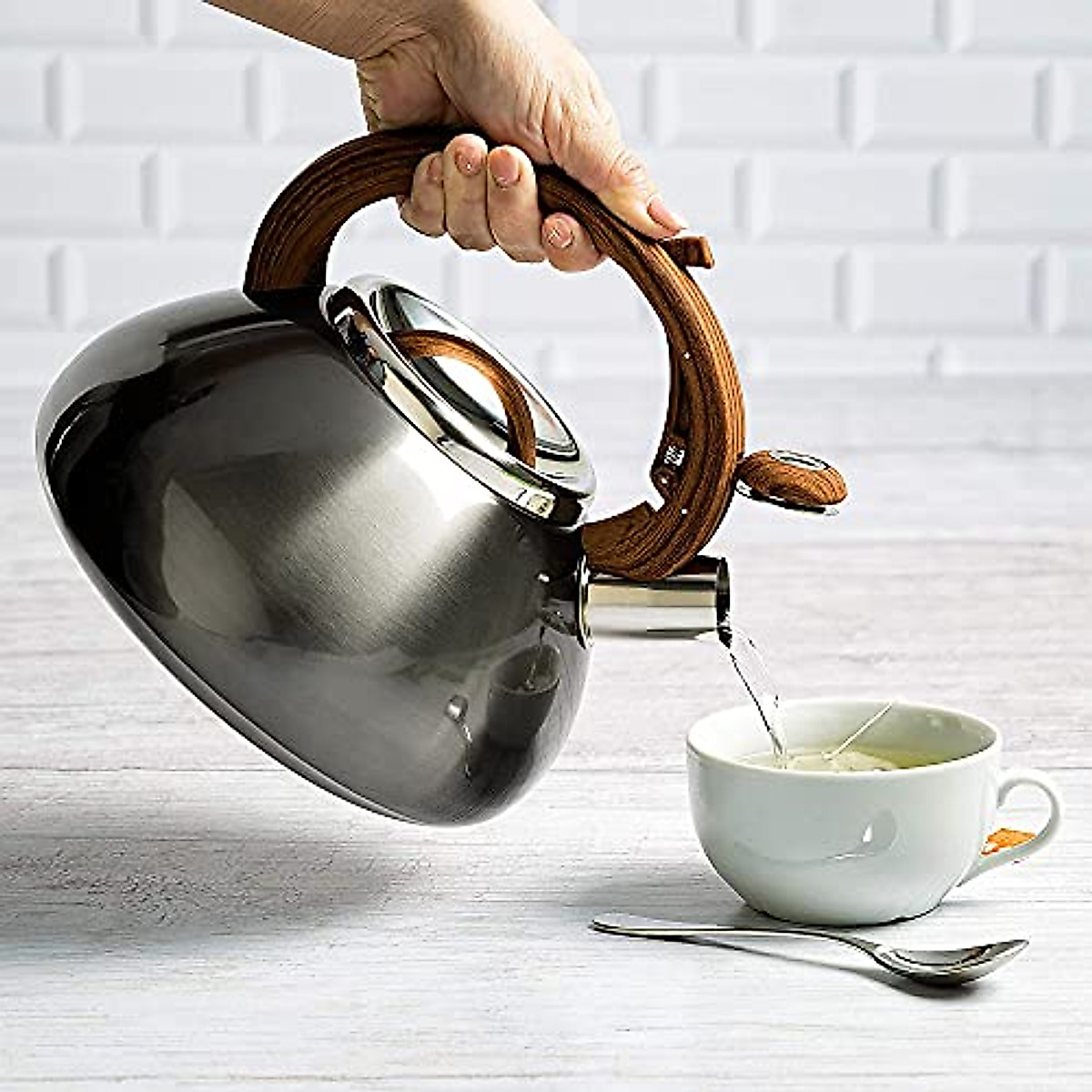 Primula Avalon Whistling Stovetop Tea Kettle, Food Grade Stainless Steel Wide Mouth, Fast to Boil, Cool Touch Handle, 2.5-Quart, Gunmetal Grey and Wood-Look