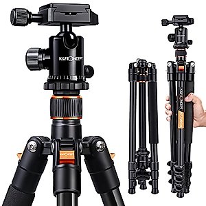 K&F Concept 64''/162cm DSLR Tripod,Lightweight and Compact Aluminum Camera Tripod with 360 Panorama Ball Head Quick Release Plate for Travel and Work B234A1+BH-28 (Orange)