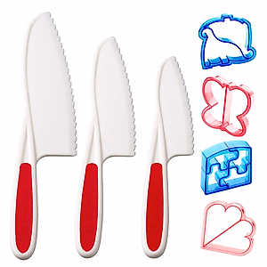 StarPack Kids Knife Set of 3 & 4x Sandwich Cutters for Kids - Toddler Knife Set & Fun Sandwich Cutters for Kids - Kids Knives for Real Cooking & 4x cookie cutters/sandwich cutters (Cherry Red)