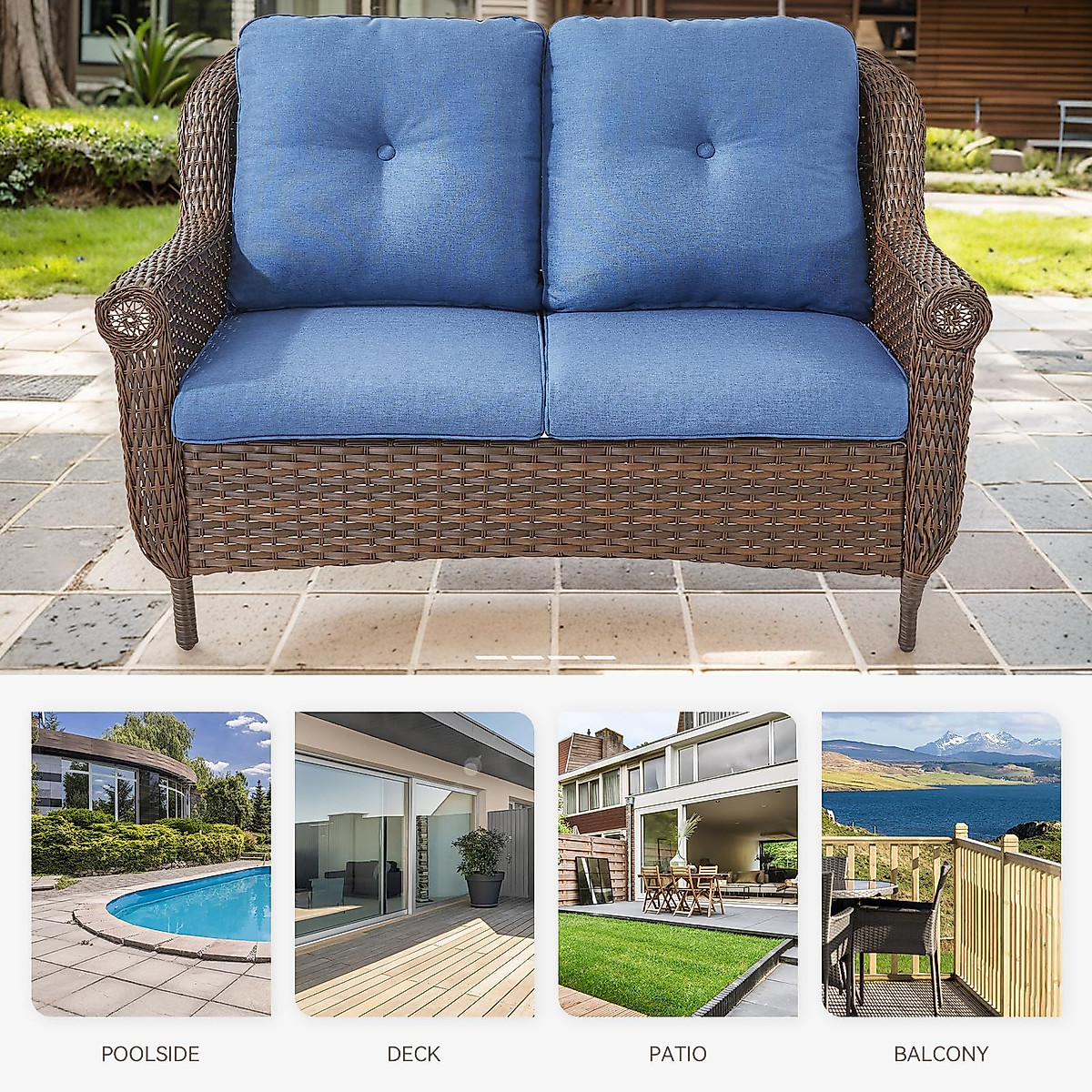 Bellefurn Patio Wicker Sofa Brown Rattan Loveseat Outdoor Couch with Chrysanthemum Armest & Water Resistant Cushions Sofa for Garden Balcony Backyard Poolside, Blue Cushions Loveseat(1PC)