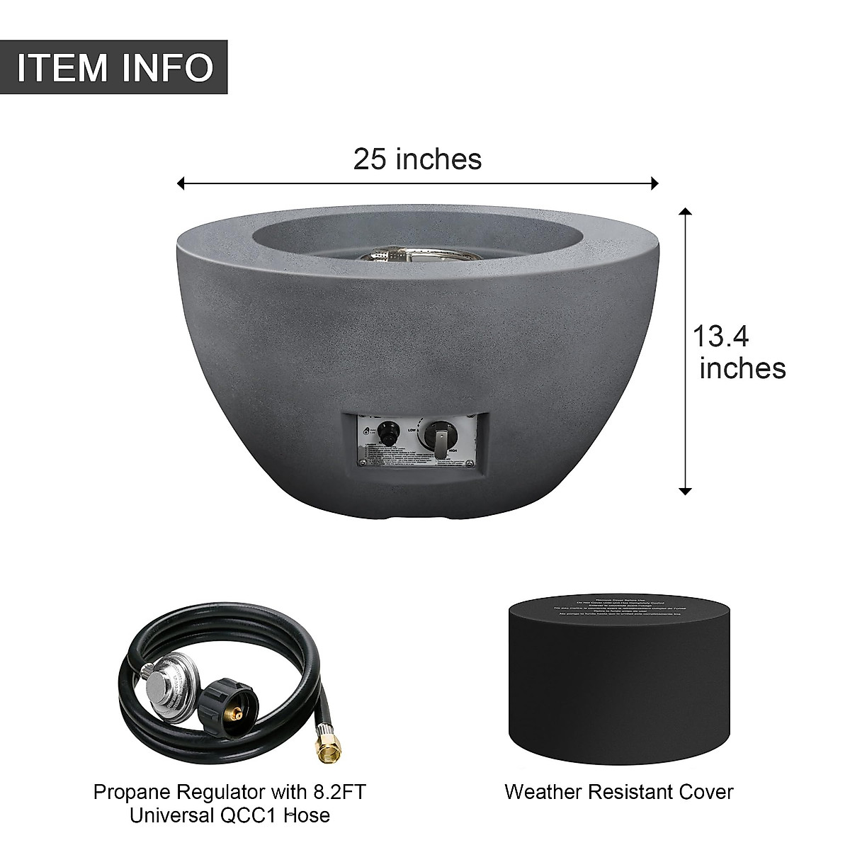 Kante 25 Inch Propane Fire Table, 50,000 BTU Large Concrete Fire Pit Table for Outdoor Garden Patio, Smokeless Gas Fire Pit with Waterproof Cover, Side Handles, Natural Concrete