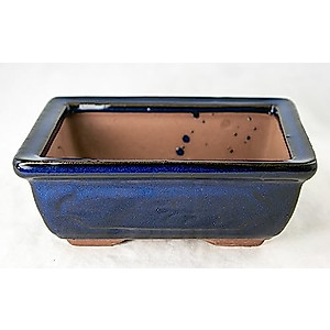 Rectangular Blue Glazed Cactus & Succulent Planter, Bonsai Pot + Mesh + Wire - 6"x 4.5"x 2.25"