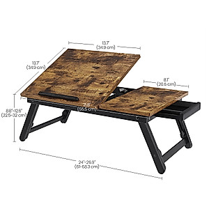 SONGMICS Laptop Desk for Bed or Sofa with Adjustable Tilting Top, Breakfast Serving Tray with Height Adjustable Folding Legs, Fits Screen Size up to 15.6 Inches, Floor Desk, Rustic Brown ULLD105B01