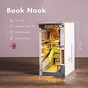 Rolife DIY Book Nook Kit 3D Wooden Puzzle for Adults 8.7" Bookshelf Indert Decor with LED Miniature Dollhouse Kit Bookend Crafts Diorama Hobbies Gifts for Boys Girls (Sakura Densya)