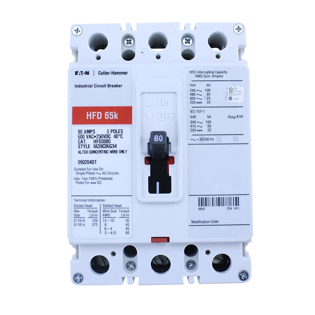 Eaton HFD3080 Circuit Breaker,80A,3P,600VAC,HFD
