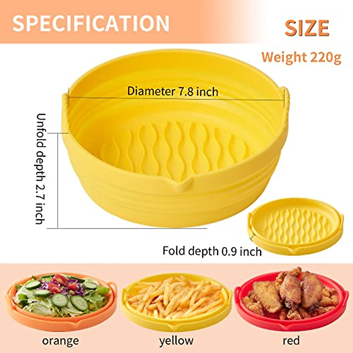 Yewloch 7.5'' Air Fryer Silicone Baking Set 1.4L, 3 Pcs foldable Air Fryer Liners with Handle, Food Grade Safety Non-Stick for Air Fryer Oven