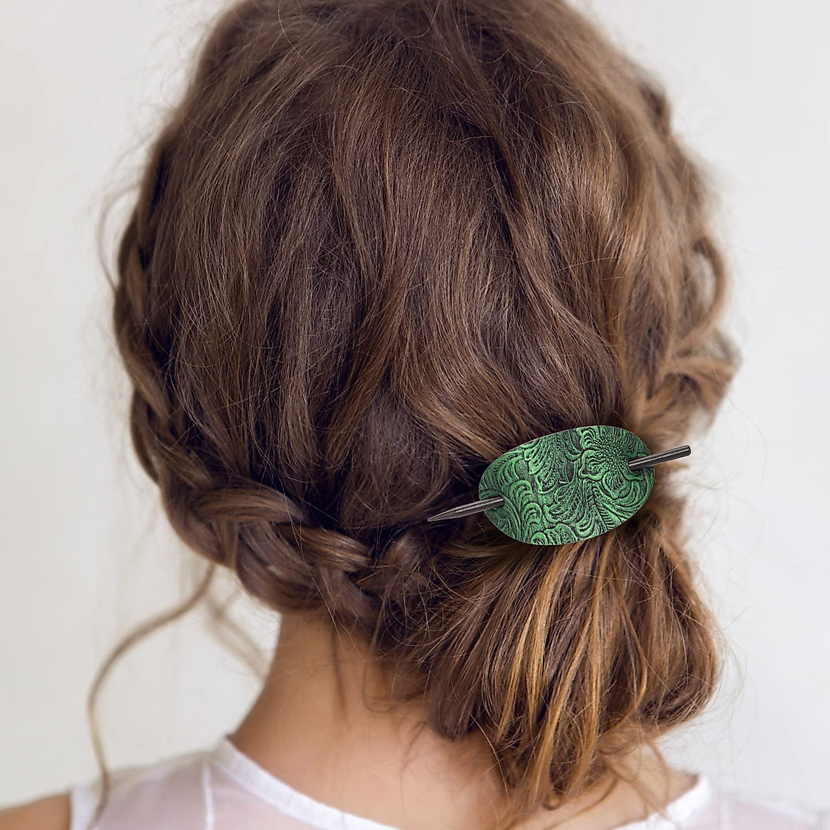 Noverlife 6PCS Hair Barrette with Stick, Faux Leather Oval Shape Hair Clips Hair Slider Pin Ponytail Holders, Bohemian Style Hair Accessories Barrette with Wood Slide Stick for Women Girls