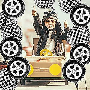 12 Pieces Black and White Checkered Balloons, Race Car Balloons Car Wheel Balloons Tire Balloons Aluminum Foil Checkered Flag Balloons for Racing Theme Birthday Party Decoration Supplies 18 Inch