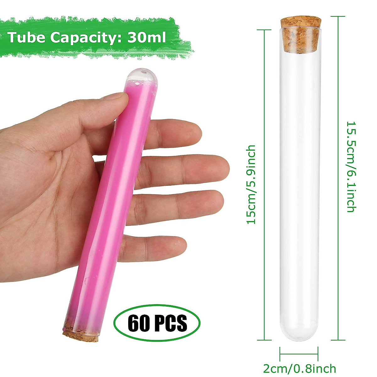 Oungy 60 PCS 20x150mm Plastic Test Tubes with Cork Stoppers 35ML Clear Bath Salt Tubes Gumball Candy Tubes Container Vials for Scientific Experiments Party Favors Decorate Candy Storage