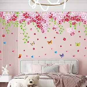 RW-239 Pink Flowers Wall Decals 3D Warm Peach Blossom Wall Stickers DIY Removable Butterfly Cherry Floral Green Tree Leaf Wall Art Decor for Kids Girls Bedroom Living Room Nursery Decoration