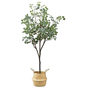 LOVMOR 6ft Artificial Eucalyptus Tree with Woven Seagrass Plant Basketand Realistic Moss,Artificial Plants for Modern Home Office Living Room Floor Decor Indoor(70 in)