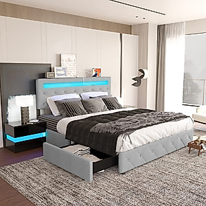 HOMFAMILIA Full Bed Frame with Headboard and Drawers, LED Bed Frame with Adjustable Storage & LED Lights Headboard, Upholstered Platform Bed with 2 USB Ports, No Box Spring Needed, Light Grey